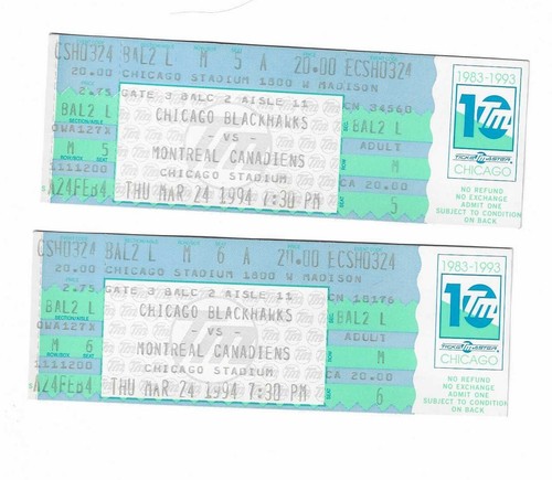 Chicago Blackhawks vs Montreal Canadiens unused Hockey Tickets from 3 ...