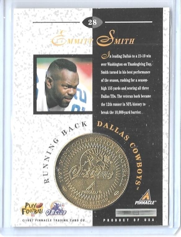 1997 PINNACLE MINT EMMITT SMITH BRASS COIN & CARD #28 ~ DALLAS COWBOYS ...
