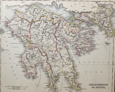 1857 ANCIENT MAP HAND COLOURED PELOPONNESUS ET ATTICA GREECE MESSENIA ...