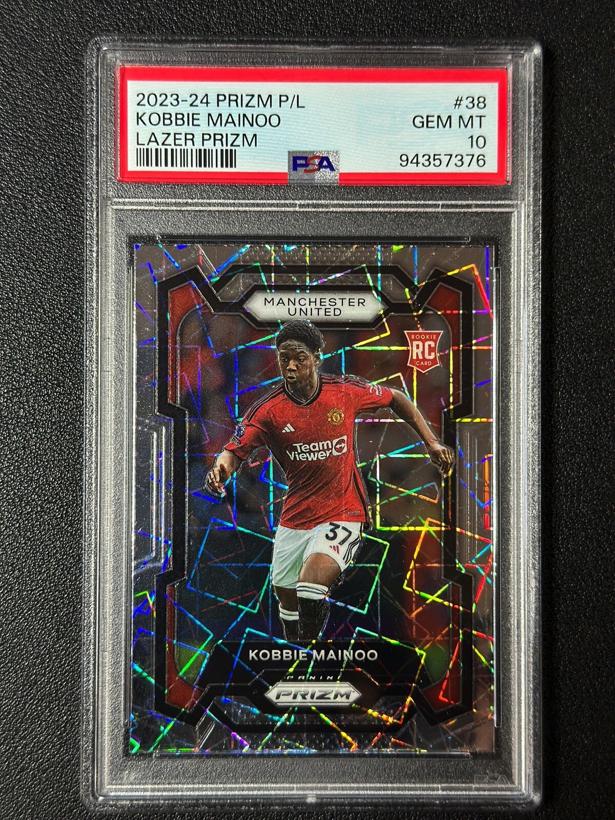 KOBBIE MAINOO PSA 10 2023-24 PANINI PRIZM P/L SOCCER #38 ROOKIE LAZER ...