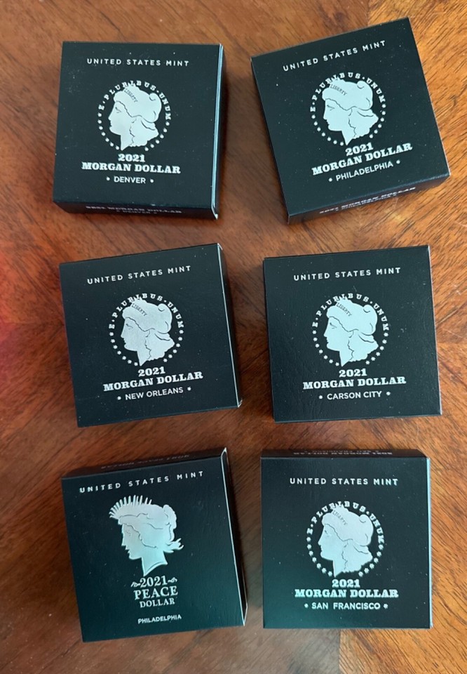 2021 Morgan & Peace Dollar Set of (6) U.S Mint Original Boxes with COA ...