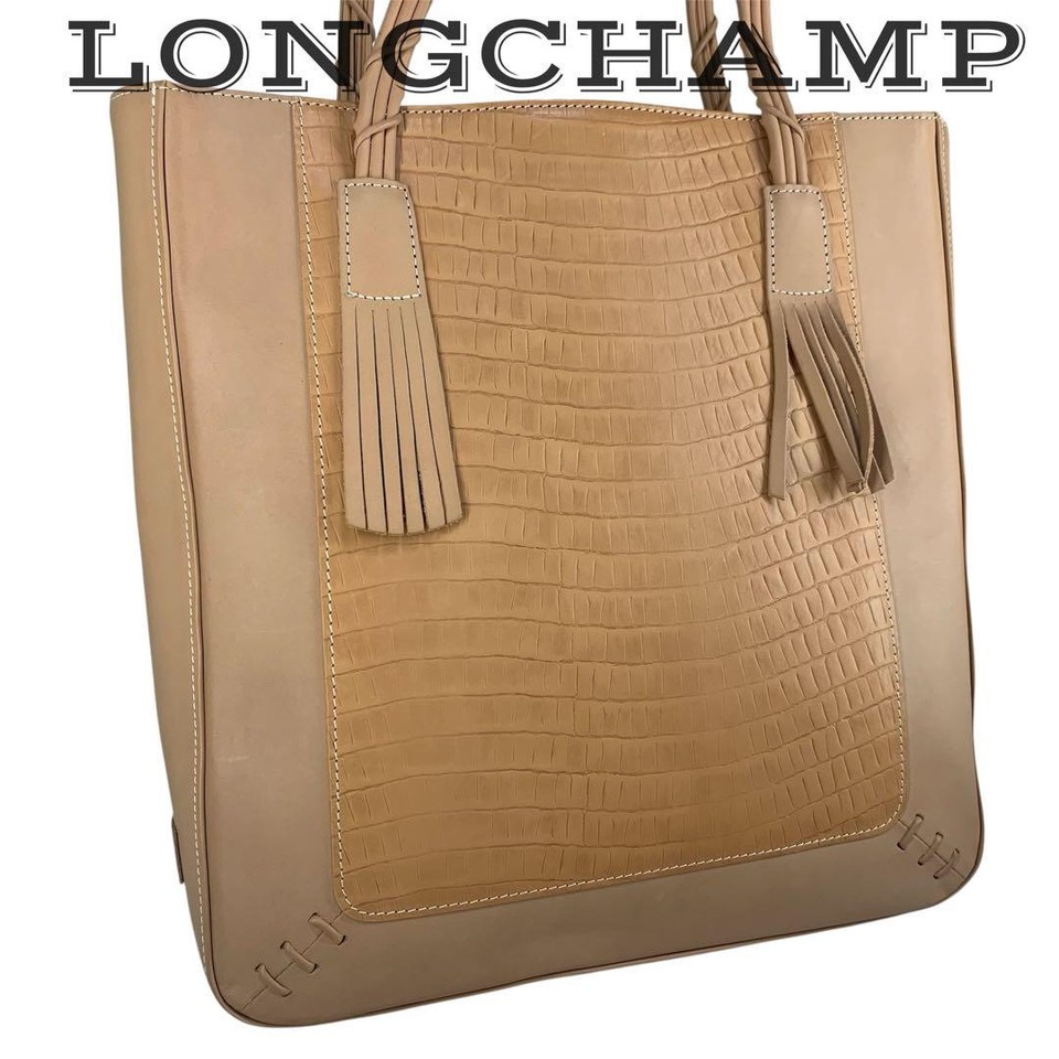Longchamp Authentic Tote Bag Handbag Beige Leather Purse Croco Embossed ...