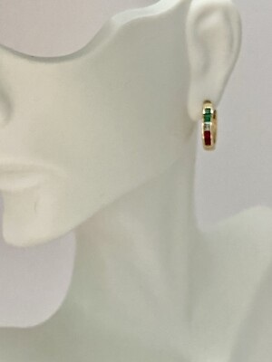 14K Gold Multi Gem Huggie Hoop Earrings Emerald Ruby Topaz Galaxy Gold ...