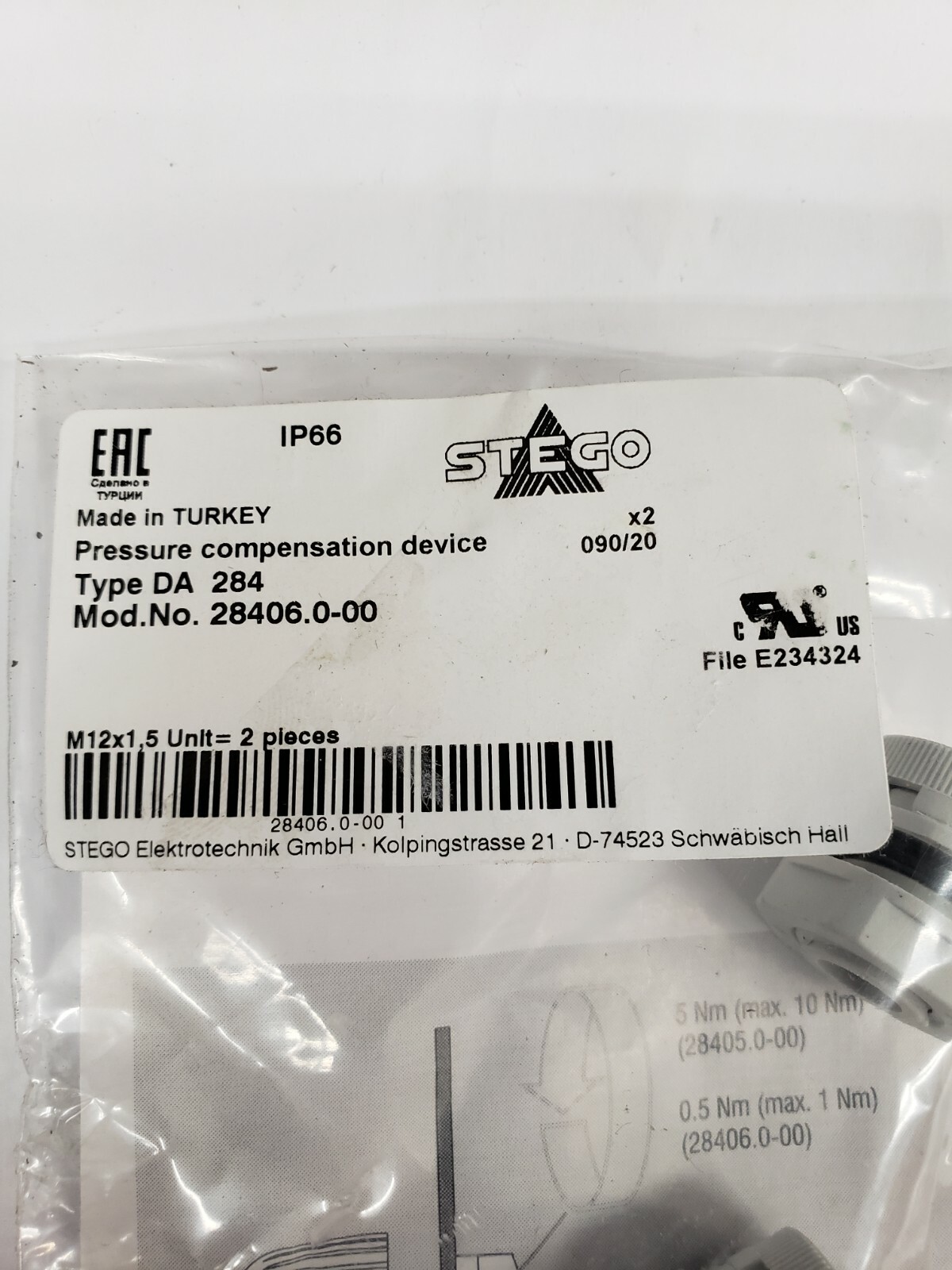 Pk/2 Stego 28406.0-00 DA 284 Pressure Compensation Plug Vent Plug M12x1 ...