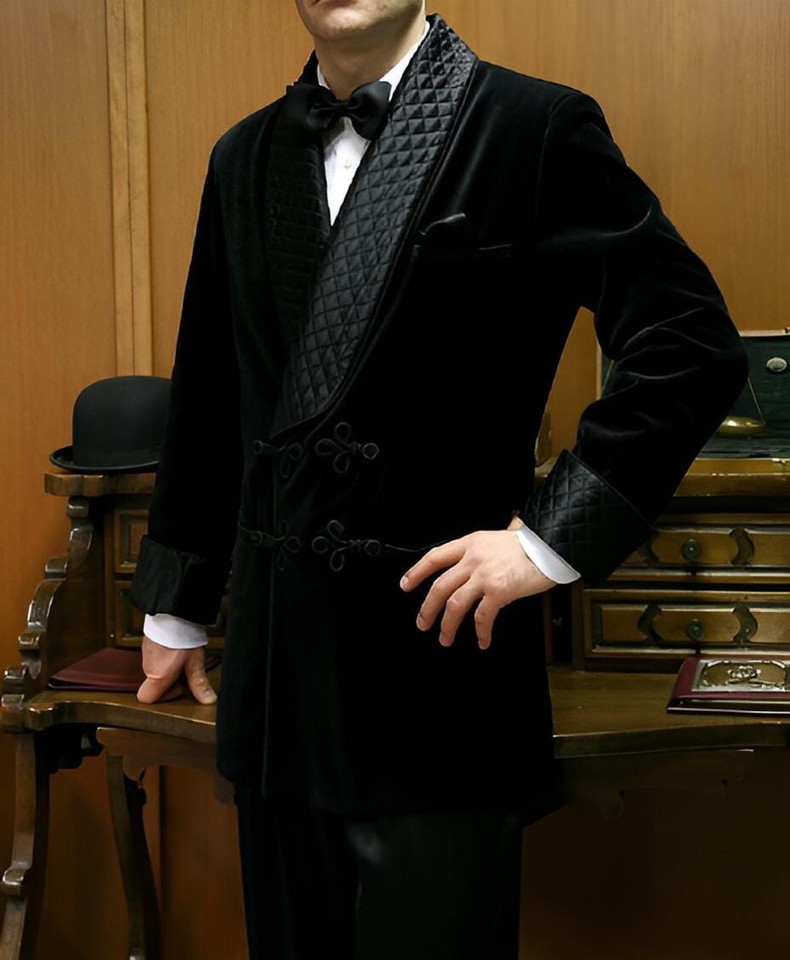 Men Vintage Velvet Smoking Suits Jacket Robe Shawl Lapel Tuxedo Blazer ...
