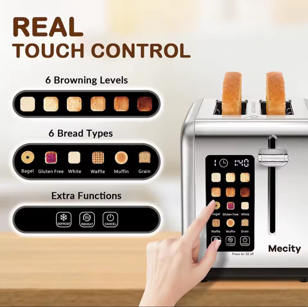 2 Slice Smart Toaster Touch Screen Wide Slot Stainless Steel Bread ...