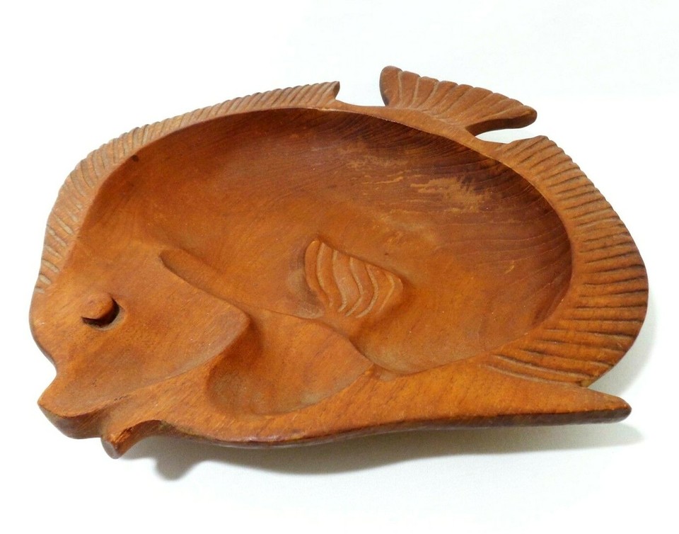 RARE MODERNIST VINT HAND CARVED FISH THEME TEAK WOOD SHALLOW BOWL, W/6 ...