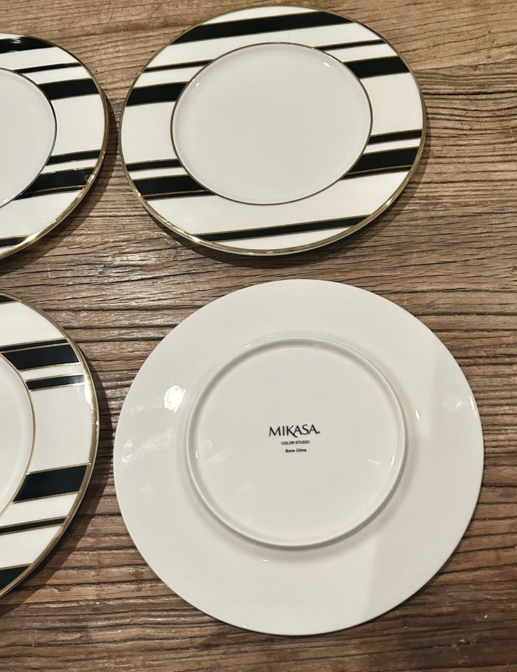 Mikasa Color Studio Salad Dessert Plates Black White Gold Bone China ...