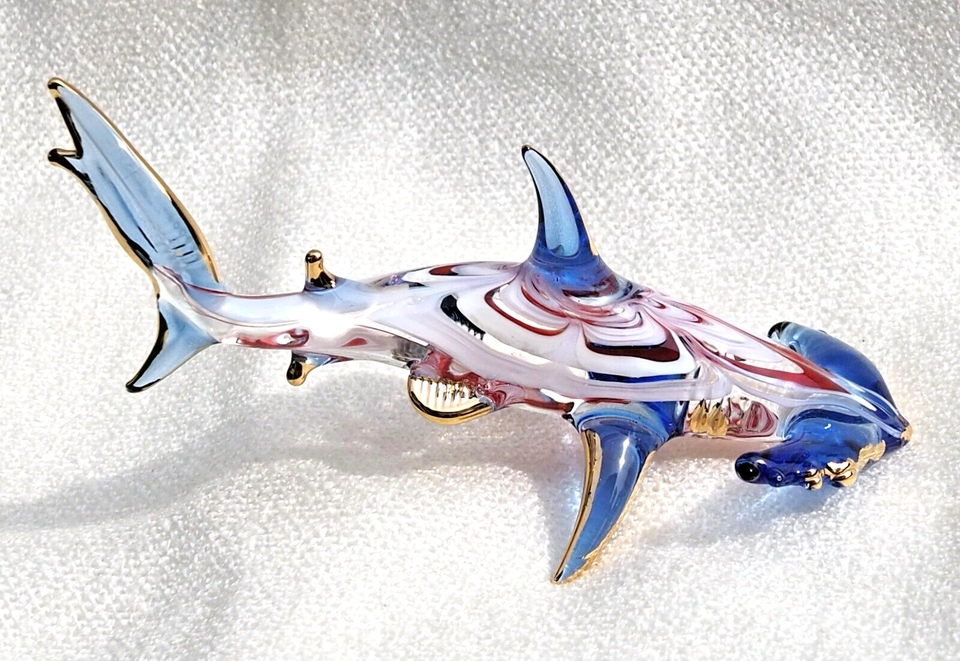Blue Maroon HAMMERHEAD shark figurine handmade blown glass gold trim 4. ...