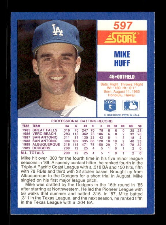 MIKE HUFF SIGNED 1990 SCORE #597 RC ON-CARD AUTO - LOS ANGELES DODGERS ...