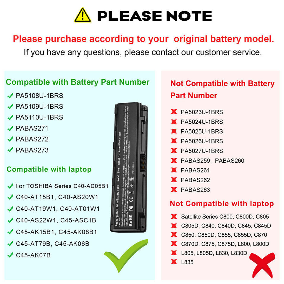 Battery for Toshiba Satellite C50D-A C55D-A C50-A-14W C55-A-1H9 C55-A ...