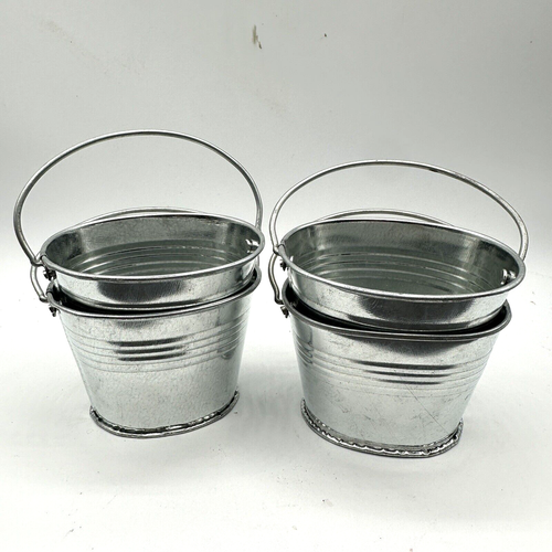 4 Small Galvanized Metal Buckets w/ Handles Mini Tin Pails Party Garden ...