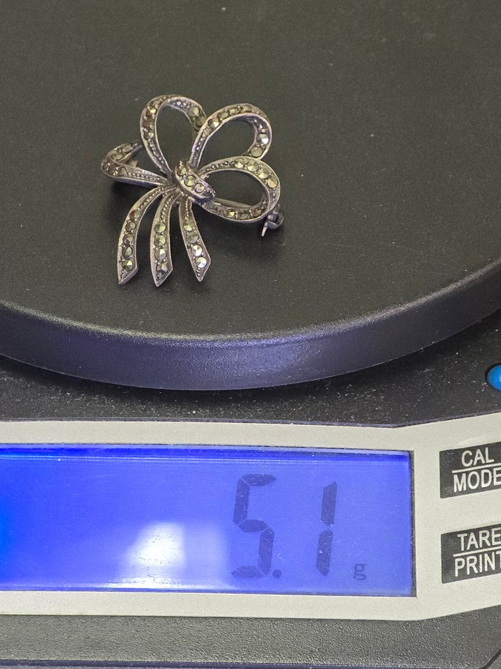 ANTIQUE ART DECO SWEDISH HALLMARK 835 STERLING & MARCASITE BOW PIN ...