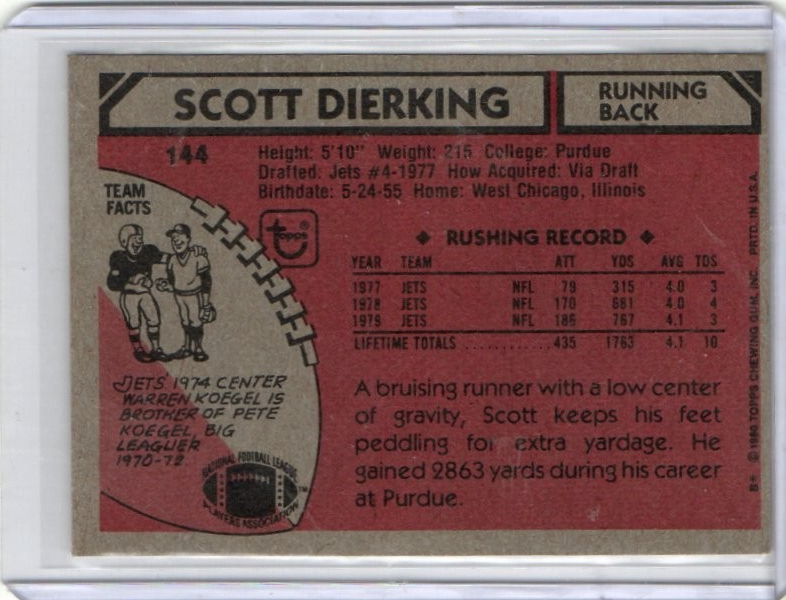 SCOTT DIERKING 1980 TOPPS FOOTBALL CARD #144 EX JETS A158 | eBay