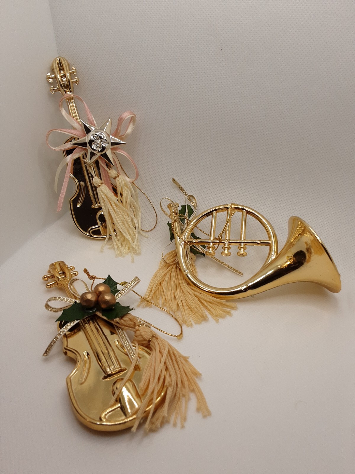 Lot Of 3 Vintage Gold Musical Instrument Ornaments Violin French Horn ...