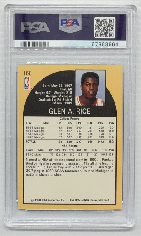 1990-91 NBA Hoops Glen Rice Rookie Card RC #168 PSA 9 MINT Miami Heat ...