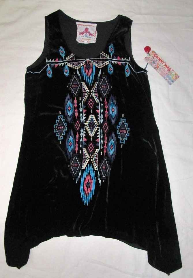 New Johnny Was Black Velvet Aztec Long Tunic Tank Dress Womens Size ...