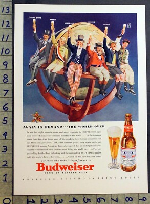 1934 BUDWEISER BEER UNCLE SAM PATRIOTIC WORLD GLOBAL CHEERS BREWERY AD ...