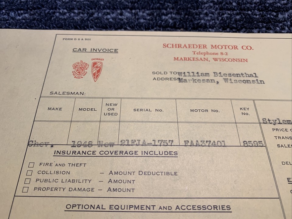Vtg 1948 Chevrolet New Auto Dealer Sales Receipt Car Dealership Invoice ...