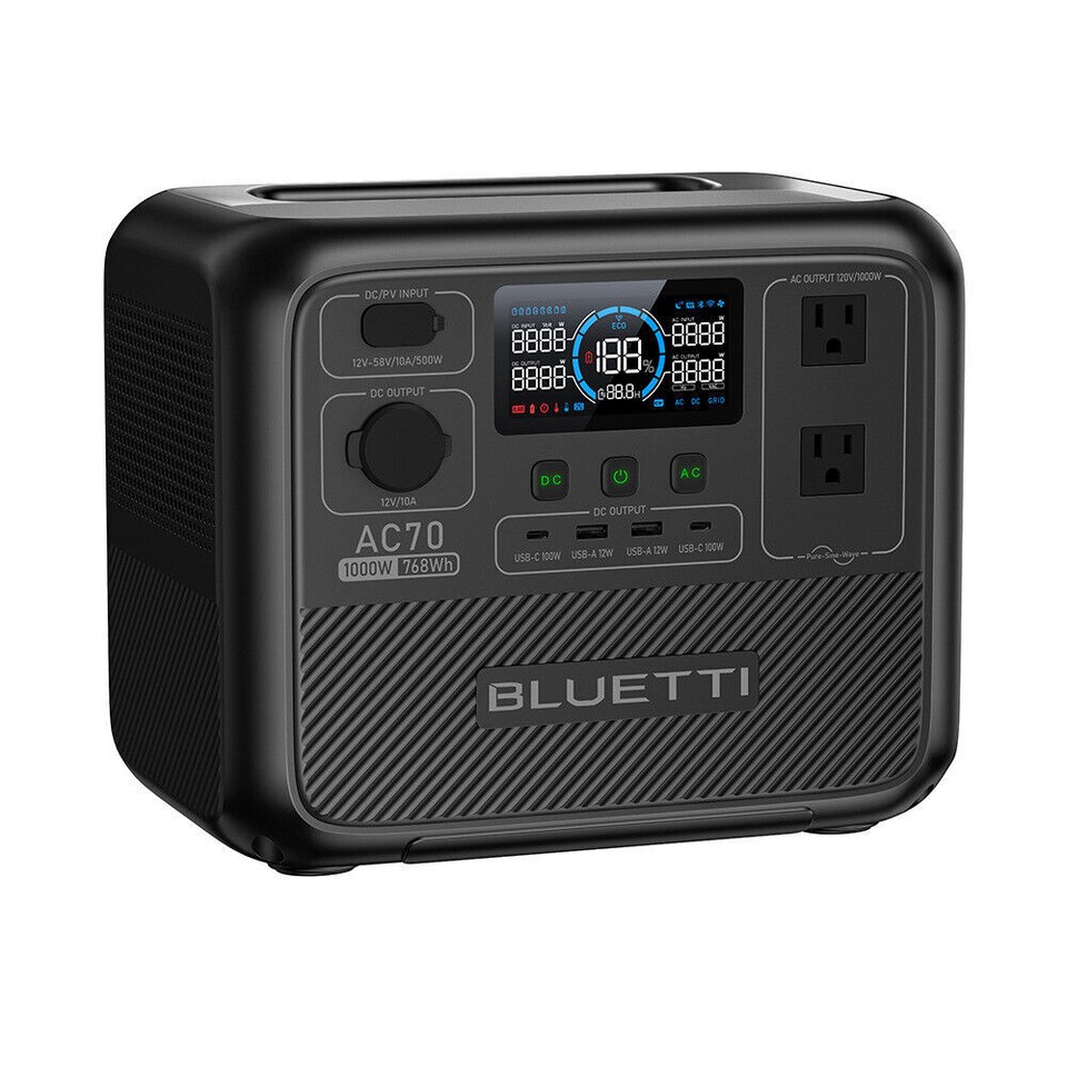 BLUETTI AC70 768Wh 1000W Portable Power Station+Optional Solar Panel ...