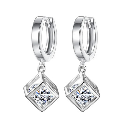 Silver Plated Dangle Dropp Cube Hoop Earrings With Cubic Zirconia For ...