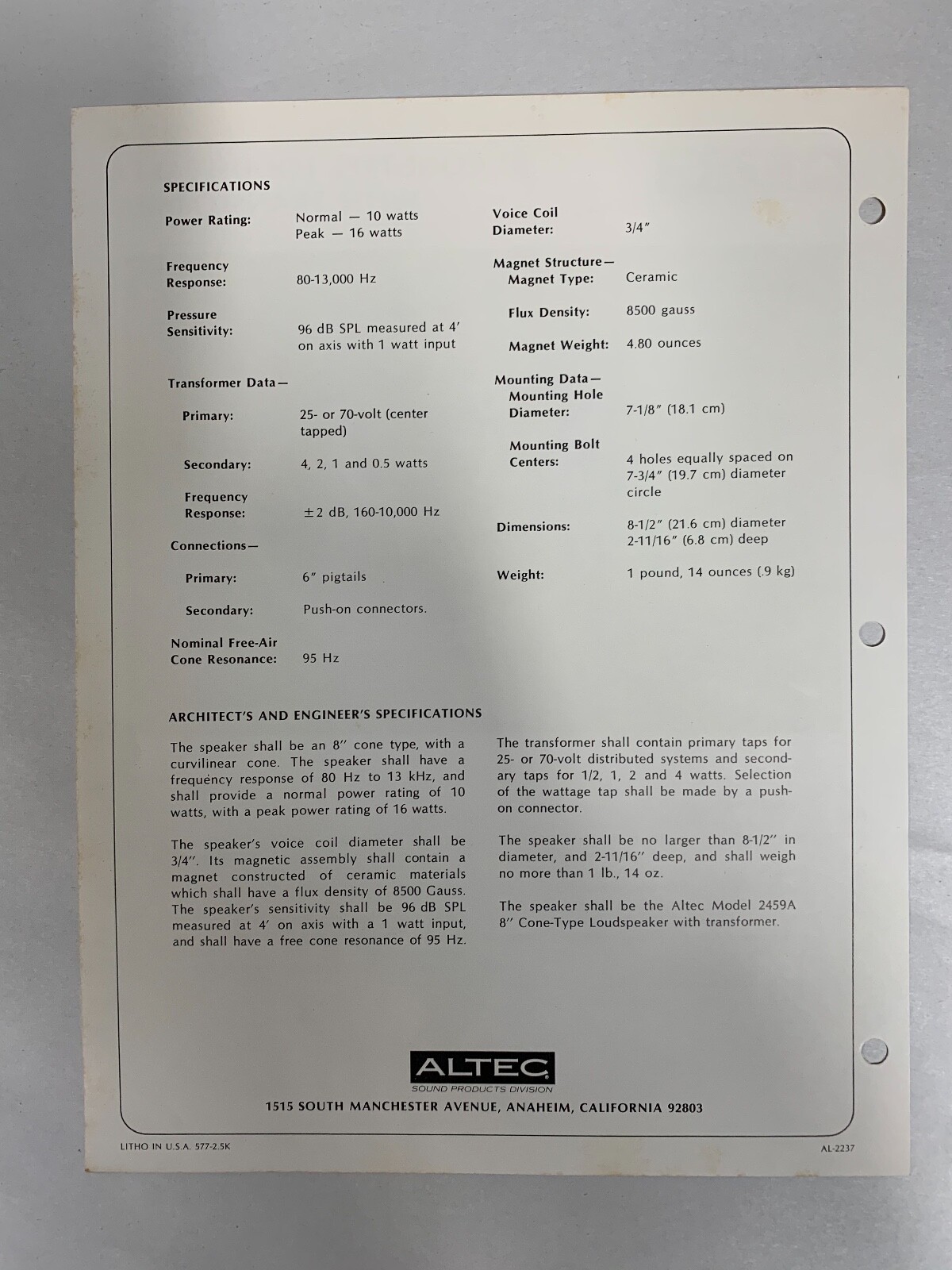 Original Vintage Altec 2459A 8" Cone Type Speaker W/ Transformer Spec ...