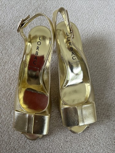 Lorbac Gold Italian Leather Stunning Kitten Heel Sling back Sandal Shoe ...