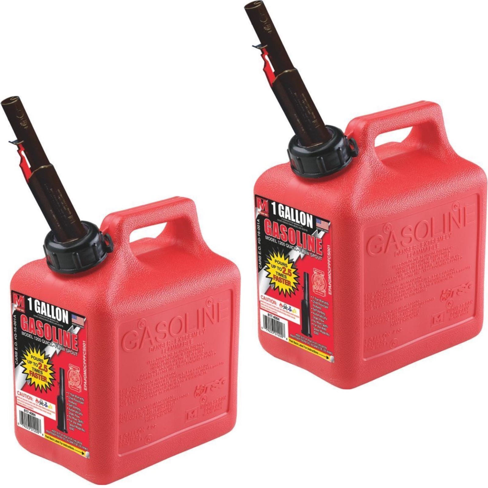 2 Pack 1 Gallon Red Gas Can Container Midwes 1200 Gas Company -Made In ...