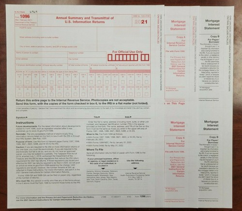 2021 Tax Form 1098 Mortgage Interest 10 Recipients COPY A, B + 1096 ...