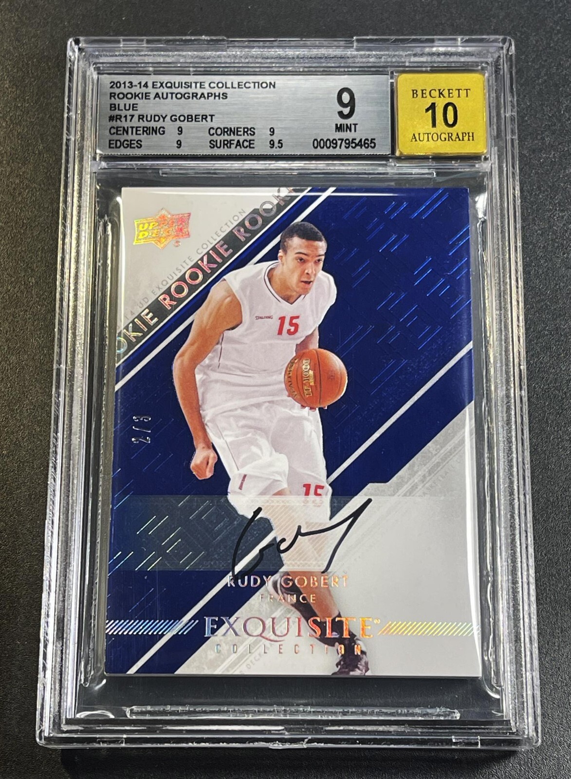 RUDY GOBERT 2013 UD EXQUISITE COLLECTION BLUE AUTO ROOKIE RC /3 BGS 9 ...