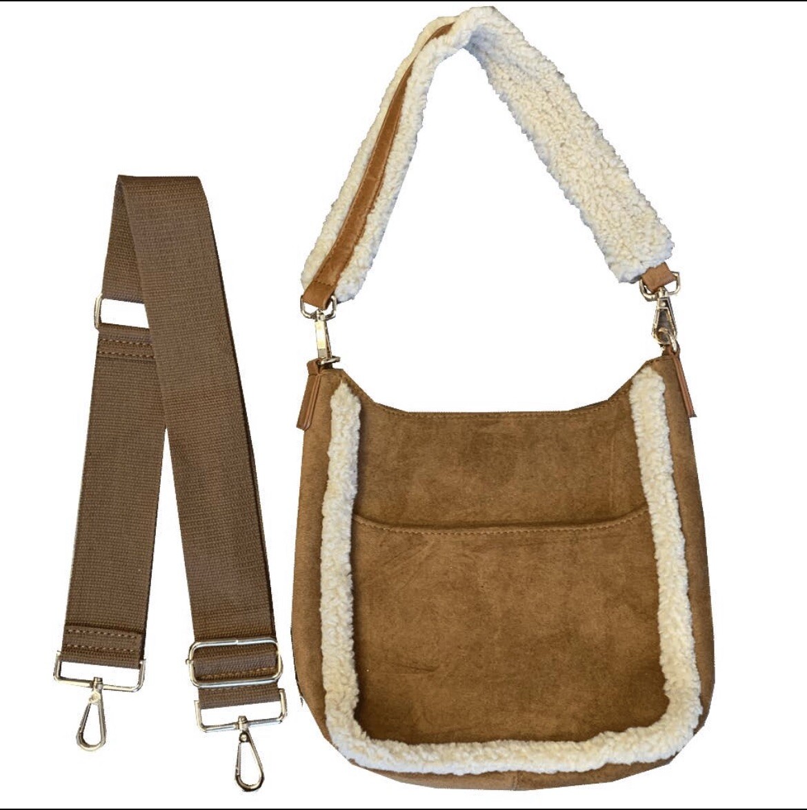 Ahdorned! Mini Faux Suede Messenger Bag w Sherpa Trim, 2 Straps, Camel ...