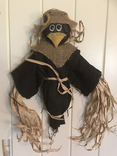 Vintage Black Burlap & Straw Crow W/ Hat Scarecrow Halloween Fall Wall ...