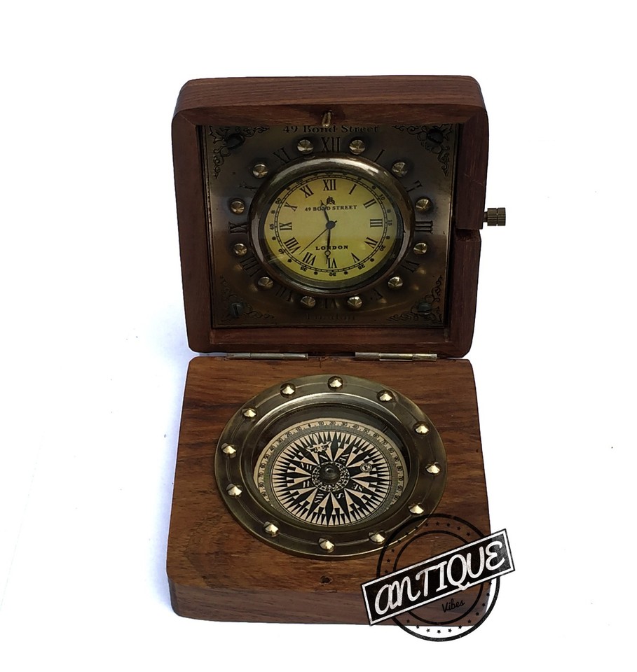 Vintage Table Watch Antique Wooden Desk Compass Brass Brown Clock ...