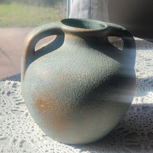 Harris Pottery of Chicago, IL Two-Handled Jug Turquoise Copper Label | eBay