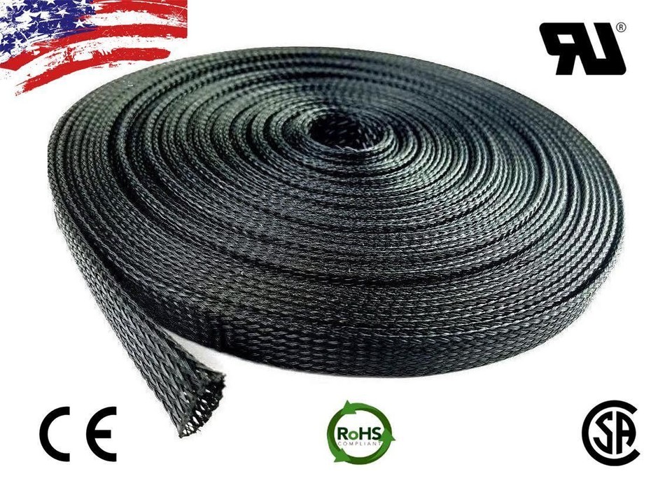 ALL SIZES 1 FT - 100 FT Black Expandable Wire Cable Sleeving Braided ...