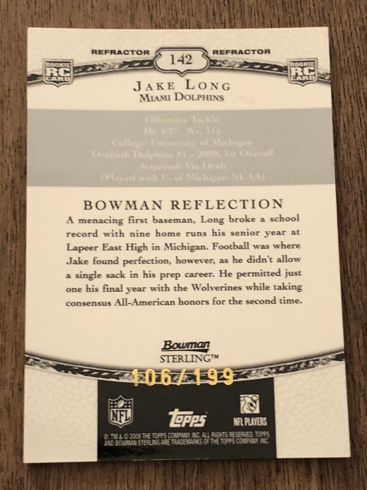 2008 Bowman Sterling Jake Long Rookie | Jersey Card | Refractor | NM-MT ...