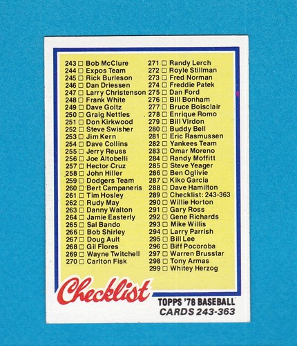 1978 TOPPS BASEBALL SET BREAK 289 CHECKLIST 243-363 NM+ | eBay