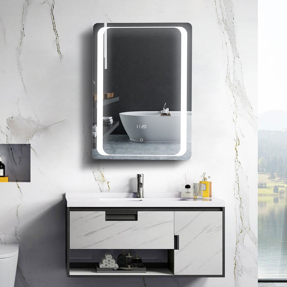 Rounded Corner Bathroom LED Lighted Mirror Cabinet Wall Shelf with ...