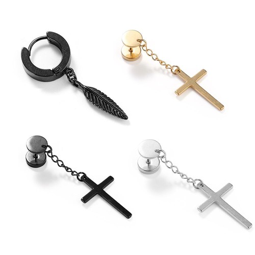 Mens Women Punk Ear Studs Feather Cross Piercing Earrings Stainless ...