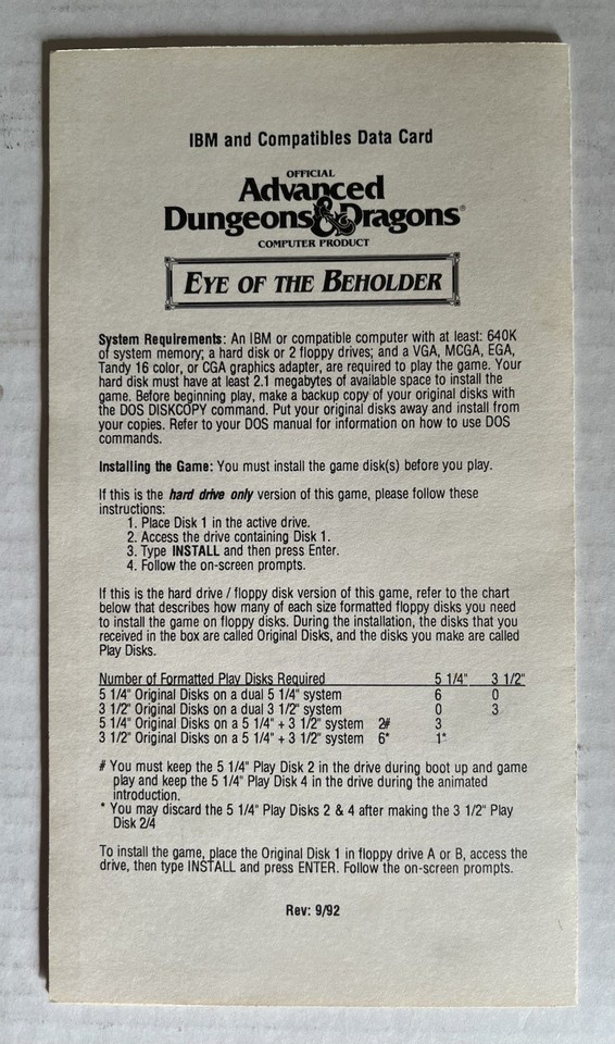 Advanced Dungeons & Dragons – Eye of the Beholder (IBM PC, 1990) - CIB ...