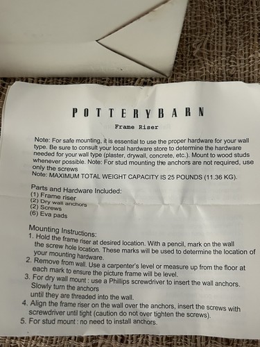 Pottery Barn Frame Riser Art Picture Photo Hanger Black Finish With ...