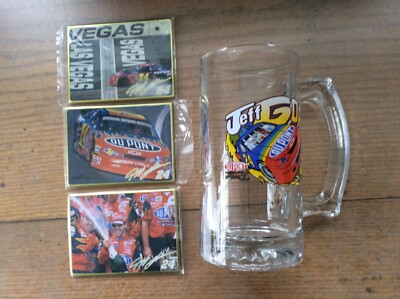 Vintage 1995 Jeff Gordon #24 Glass Mug NASCAR and set of 3 Metal ...