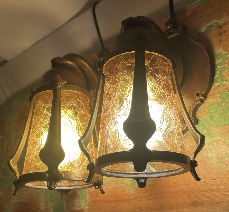 RESTORED Pair Antique Vtg Tudor Arts Crafts Wall Sconces Amber Glass ...