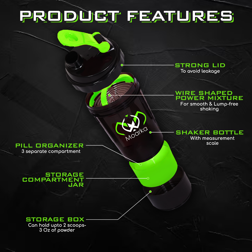 Protein Shaker Bottle With 2 Storage Containers 16 OZ Capacity For ...