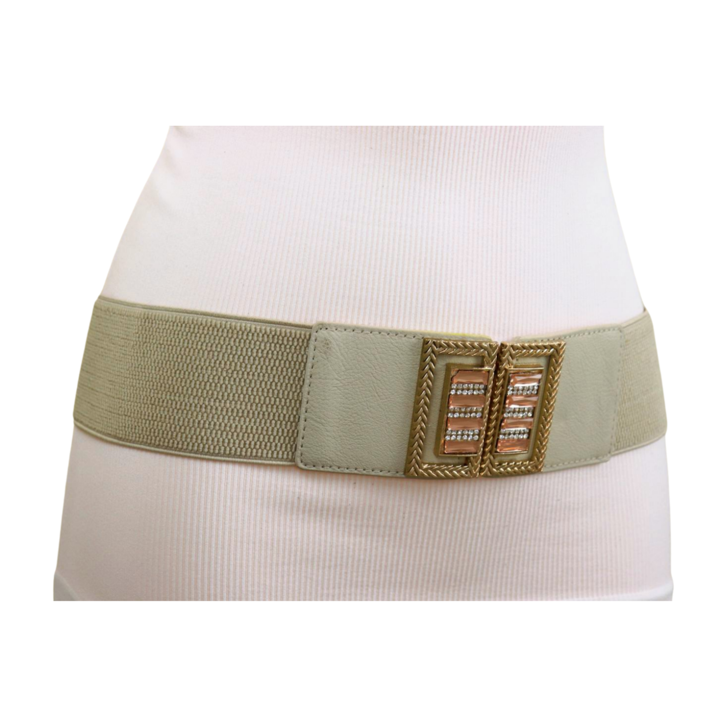 Women Ivory Cream Elastic Day Night Fashion Belt Gold Bling Square ...