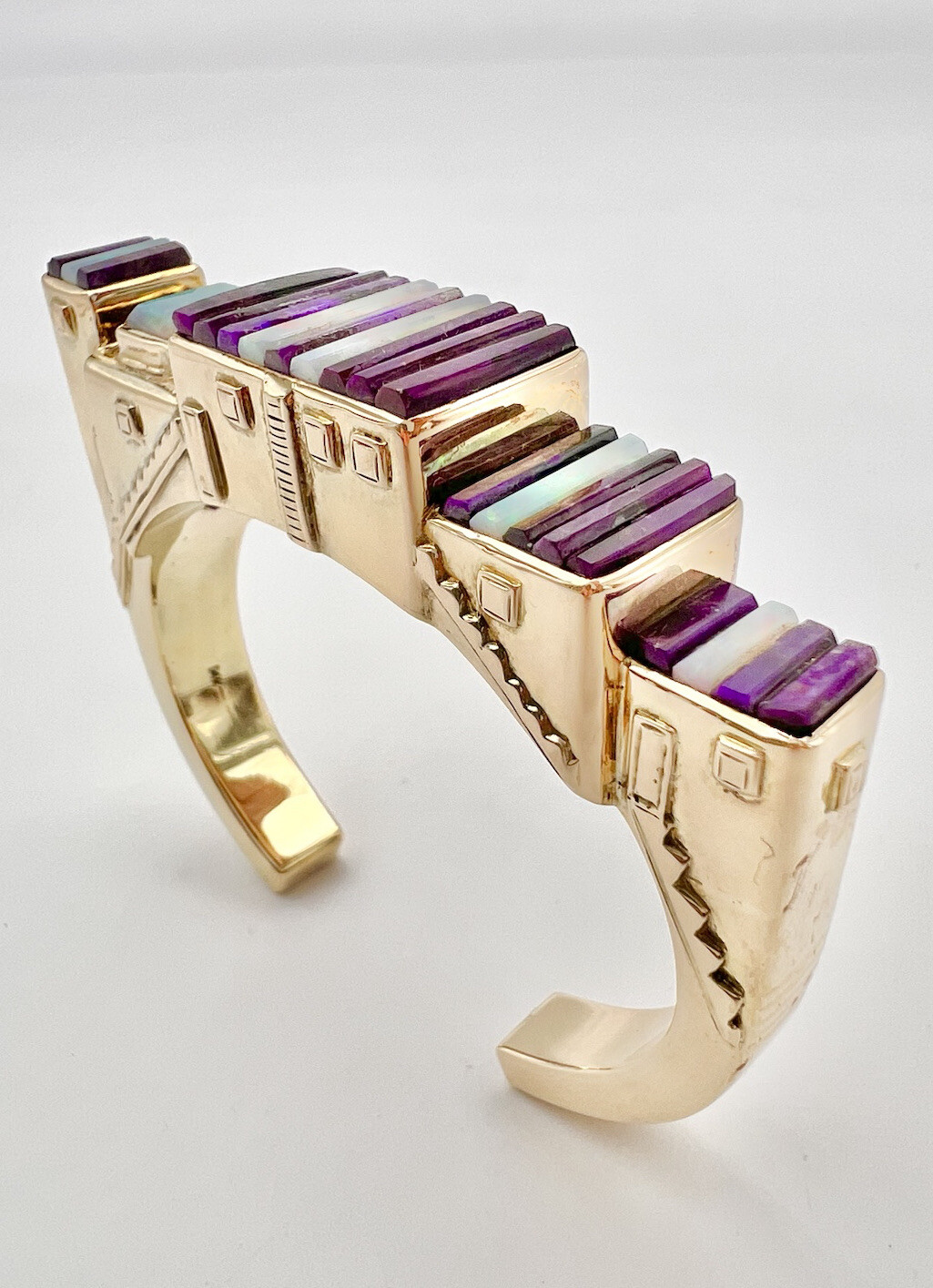Navajo 14K Yellow Gold 3D Sugilite & Fire Opal Pueblo Scene Cuff ...