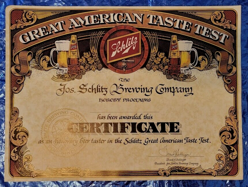 Schlitz Great American Taste Test Certificate Poster RARE Chicago | eBay