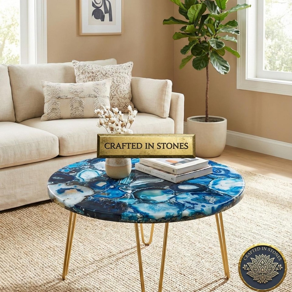 Blue Agate Table Top - Natural Gemstone Coffee Table - Round Stone Slab ...