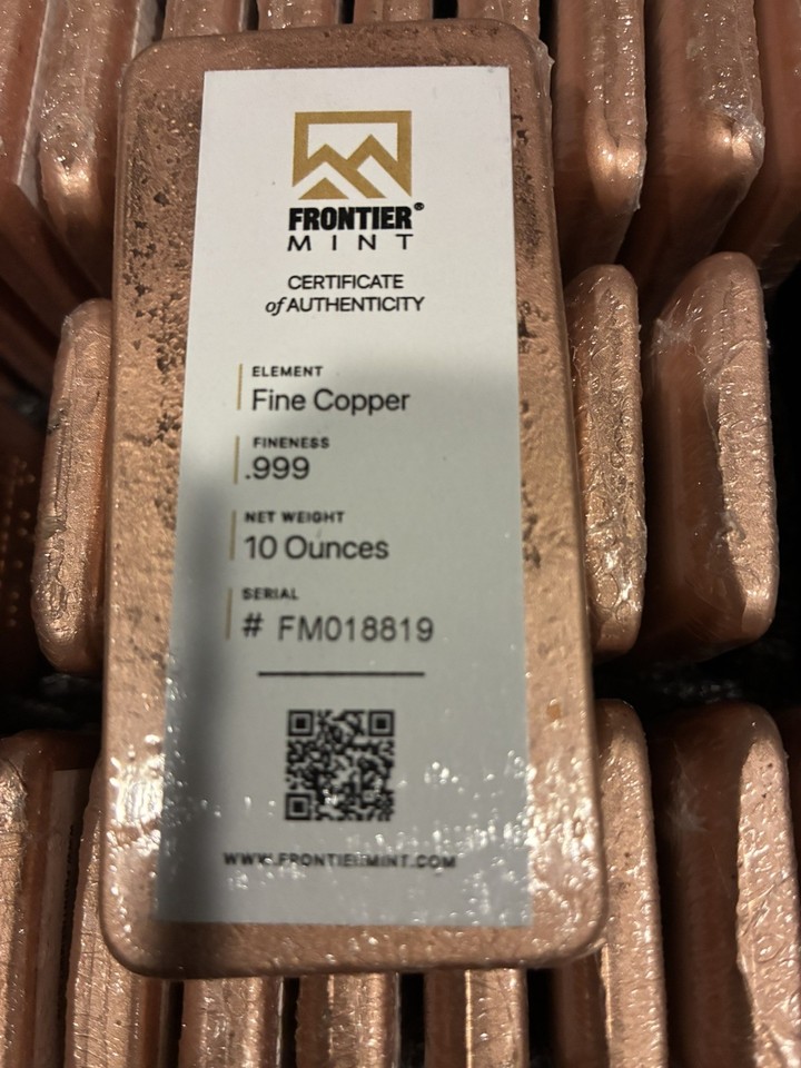 Frontier Mint 10 oz Fine Copper Bar .999 Wrap Sealed with COA #’s Vary ...