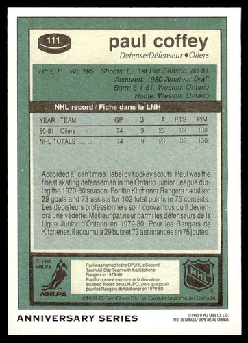 1992-93 O-Pee-Chee Anniversary Series Paul Coffey Rookie Edmonton ...